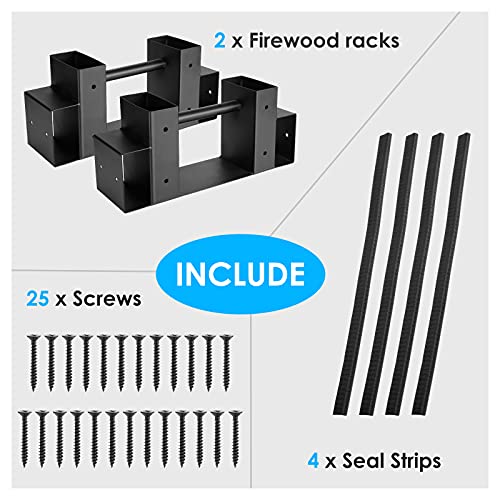 Heavy Duty steel Firewood Storage Rack for Outdoor, Black Metal Coated Firewood Log Holder for Indoor Fireplace, Firewood Bracket Kit (Set of 2 Packs) with 25 Screws, Suitable for Different Lengths