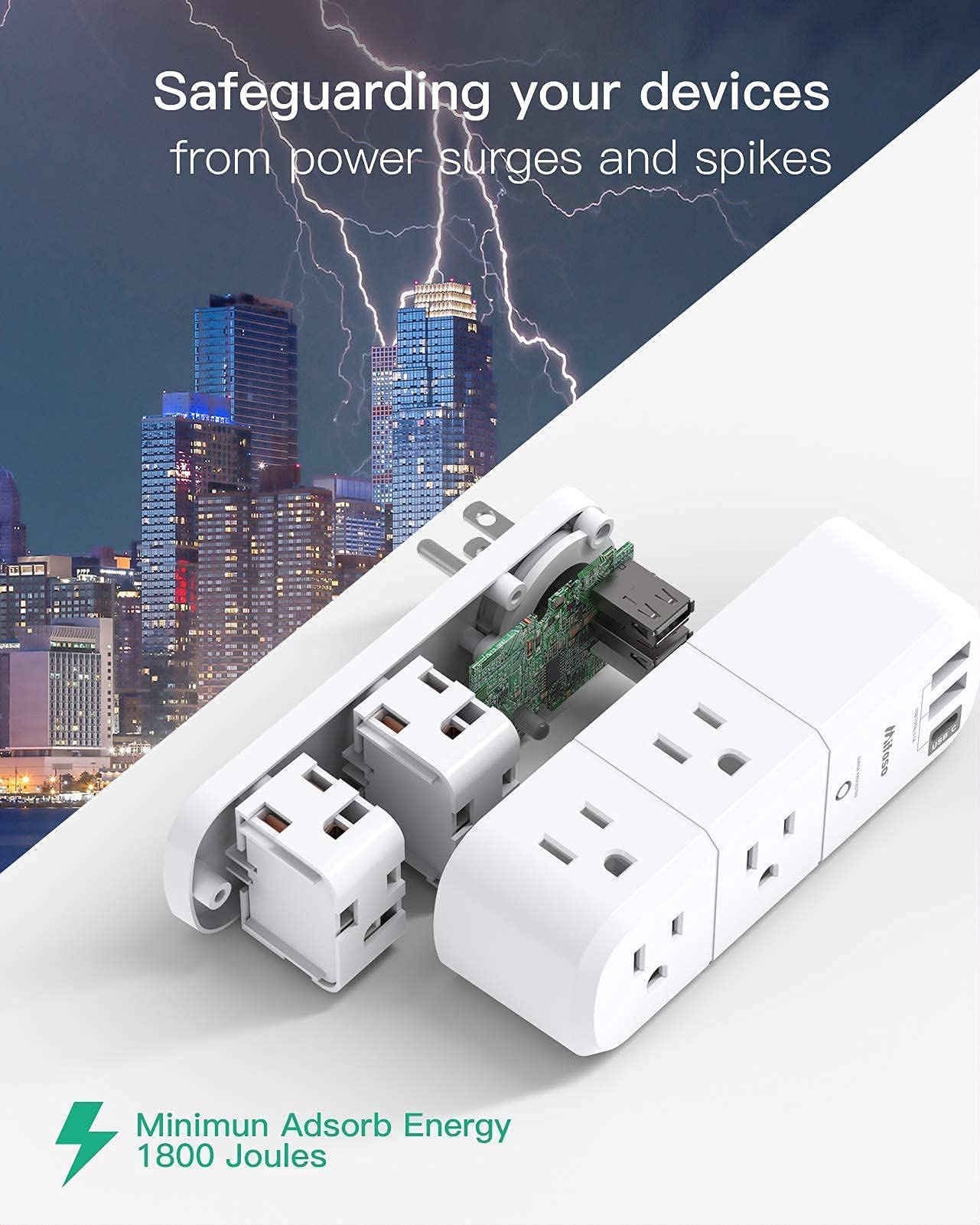 Wall Outlet Extender, Surge Protector with USB Smart Charging