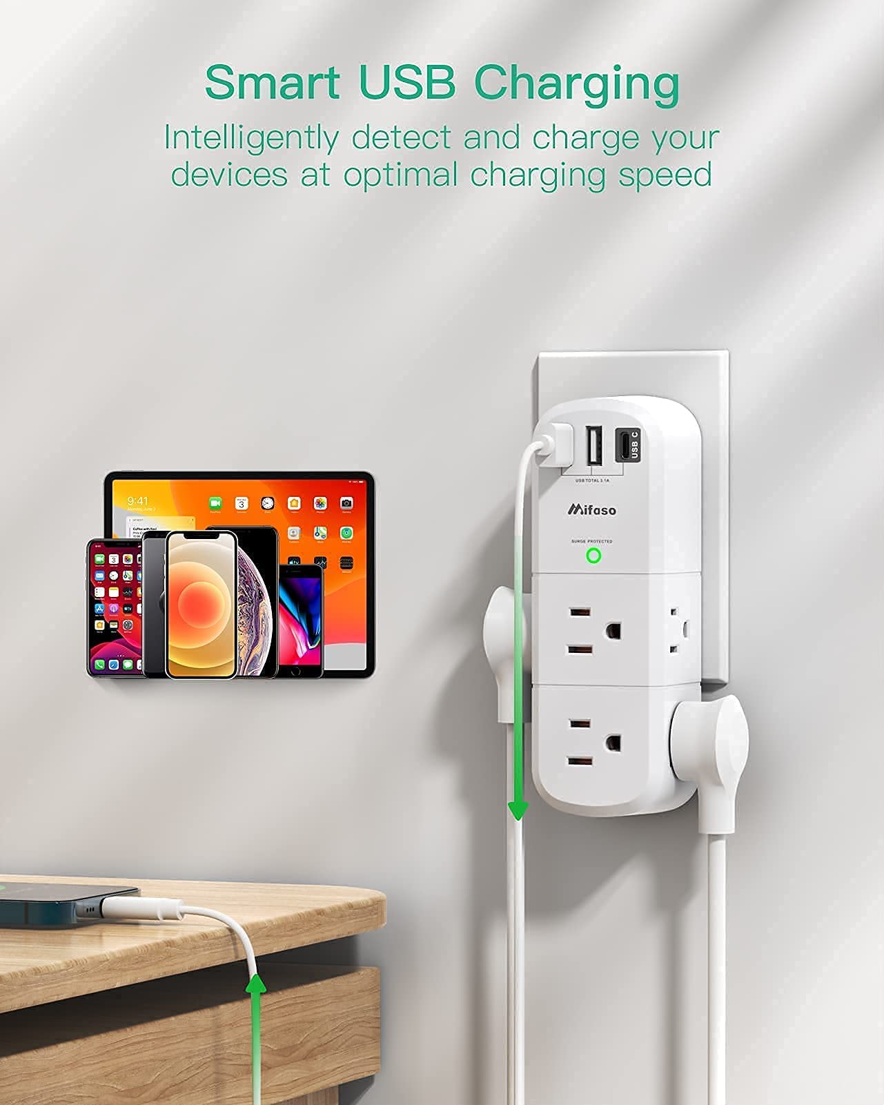 Wall Outlet Extender, Surge Protector with USB Smart Charging