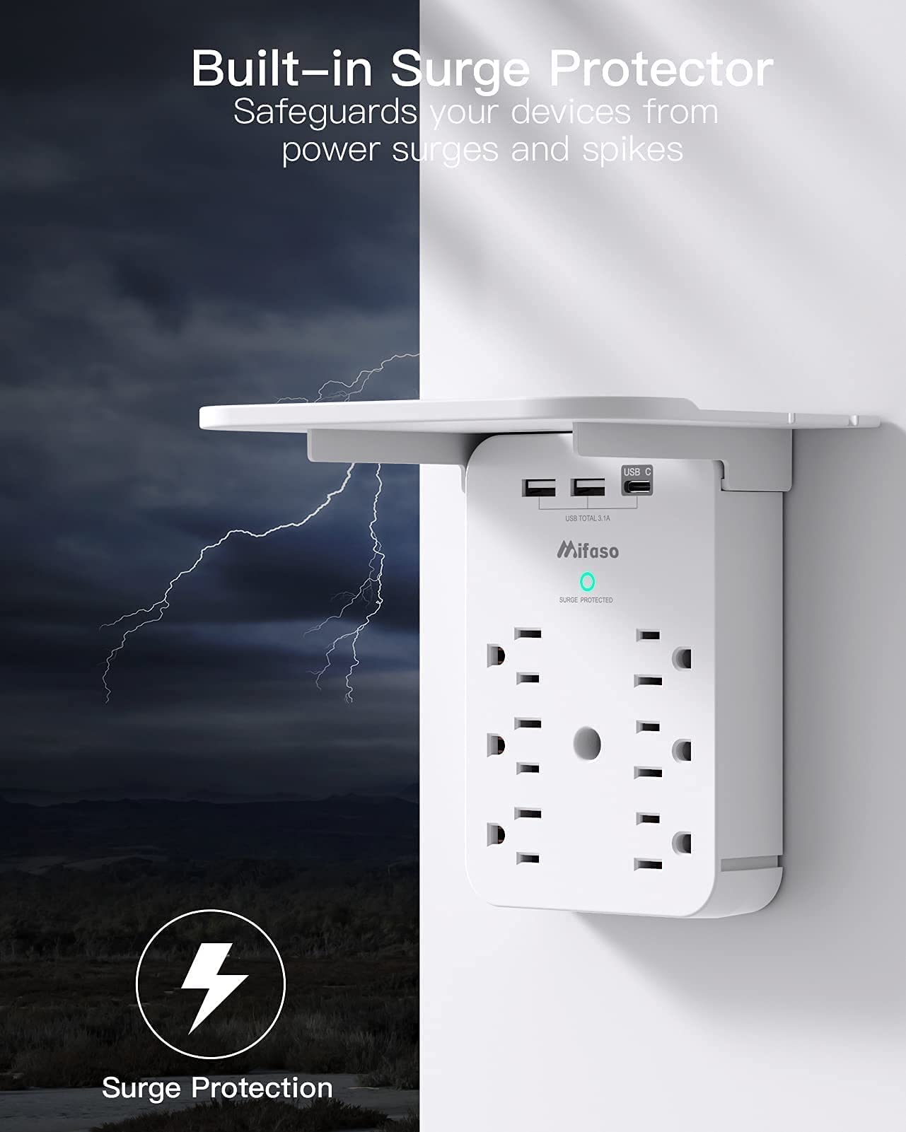 Wall Outlet Extender, Surge Protector with USB Smart Charging