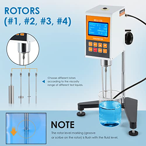 Bonvoisin Digital Rotary Viscometer 10-2,000,000mPa.S Digital Lab Rotational Viscosity Meter +-3% Accuracy Fluidimeter Tester Meter with 4 Rotors and Temperature Probe 110-240V(NDJ-8S)