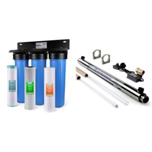 ispring wgb32bm 3-stage whole house water filtration system w/ 20-inch sediment, carbon block, and iron ; manganese reducing filter & uvf55fs whole house uv water filter