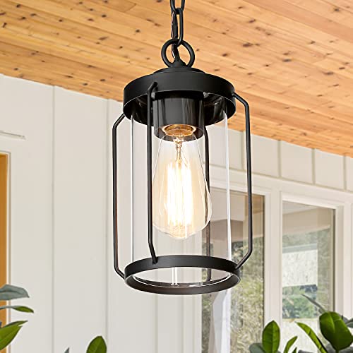 LALUZ Outdoor Pendant Light, Matte Black Exterior Hanging Lantern, Anti-Rust Outdoor Hanging Light Fixture with Clear Glass, Farmhouse Outdoor Porch Chandelier for Gazebo, Patio, Yard, 10”