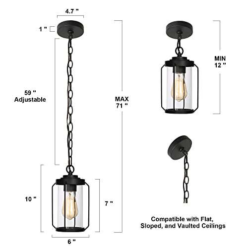 LALUZ Outdoor Pendant Light, Matte Black Exterior Hanging Lantern, Anti-Rust Outdoor Hanging Light Fixture with Clear Glass, Farmhouse Outdoor Porch Chandelier for Gazebo, Patio, Yard, 10”