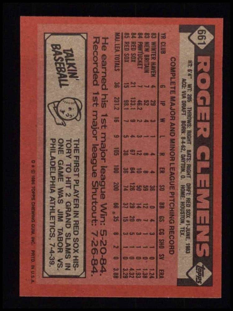 1986 Topps # 661 Roger Clemens Boston Red Sox (Baseball Card) NM/MT Red Sox