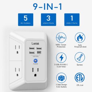 5-Outlet Surge Protector Wall Charger with 4 USB Ports - 1680J Multi Plug for Home, Office, Travel