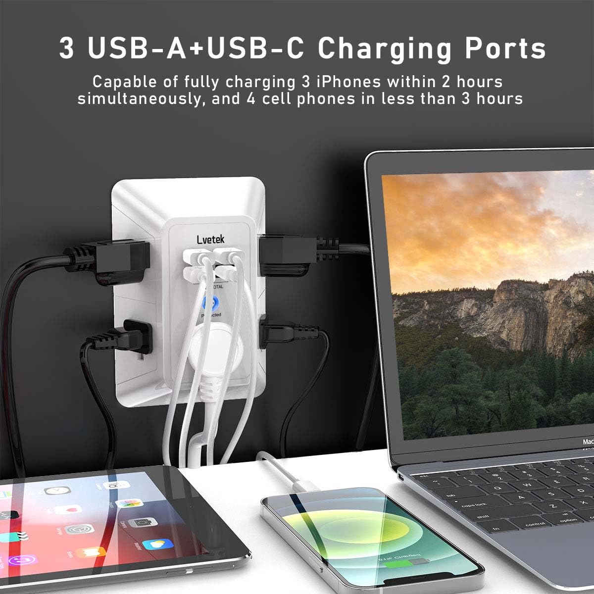 5-Outlet Surge Protector Wall Charger with 4 USB Ports - 1680J Multi Plug for Home, Office, Travel