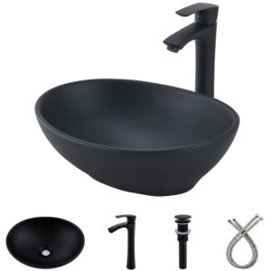 oval black vessel sink with faucet and drain combo -bokaiya 16x13 ceramic bathroom sink above counter vessel sink oval porcelain ceramic bathroom lavatory vanity sink art basin set