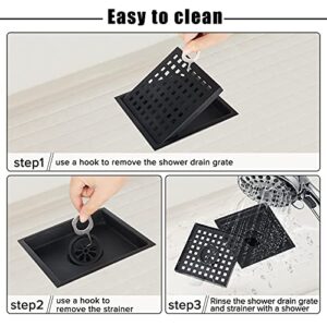 Shower Drain SUS 304, Lemecima 6 Inch Square Floor Drain with Flange, Quadrato Pattern Grate Removable for Bathroom, Hair Drain Cleaner Tool, Matte Black