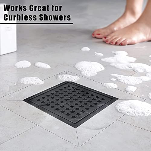 Shower Drain SUS 304, Lemecima 6 Inch Square Floor Drain with Flange, Quadrato Pattern Grate Removable for Bathroom, Hair Drain Cleaner Tool, Matte Black