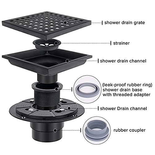 Shower Drain SUS 304, Lemecima 6 Inch Square Floor Drain with Flange, Quadrato Pattern Grate Removable for Bathroom, Hair Drain Cleaner Tool, Matte Black