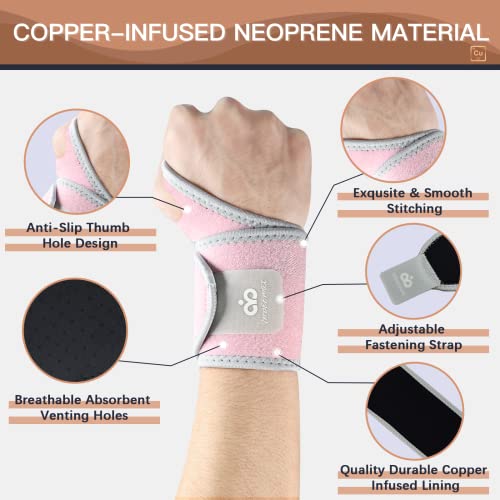 INDEEMAX 2 Pack Copper Wrist Brace Support for Carpal Tunnel, Pain Relief, Arthritis, Tendonitis, Adjustable Wrist Braces Compression Wraps Both Hands, Fit for Men and Women, Pink