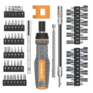 mulwark 63pc magnetic ratcheting screwdriver bit set- multibit screw driver, screwdriver bits- slotted/torx/hex/pozi/philips/square, nut drivers- sae, metric