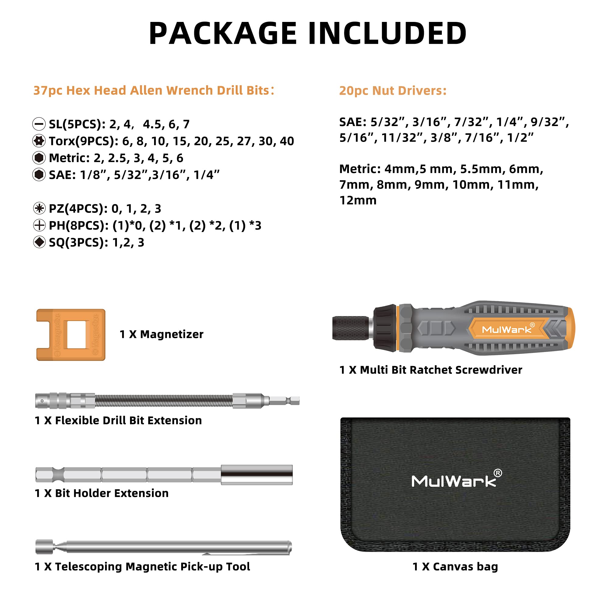 MulWark 63PC Magnetic Ratcheting Screwdriver Bit Set- Multibit Screw Driver, Screwdriver Bits- Slotted/Torx/Hex/Pozi/Philips/Square, Nut Drivers- SAE, Metric