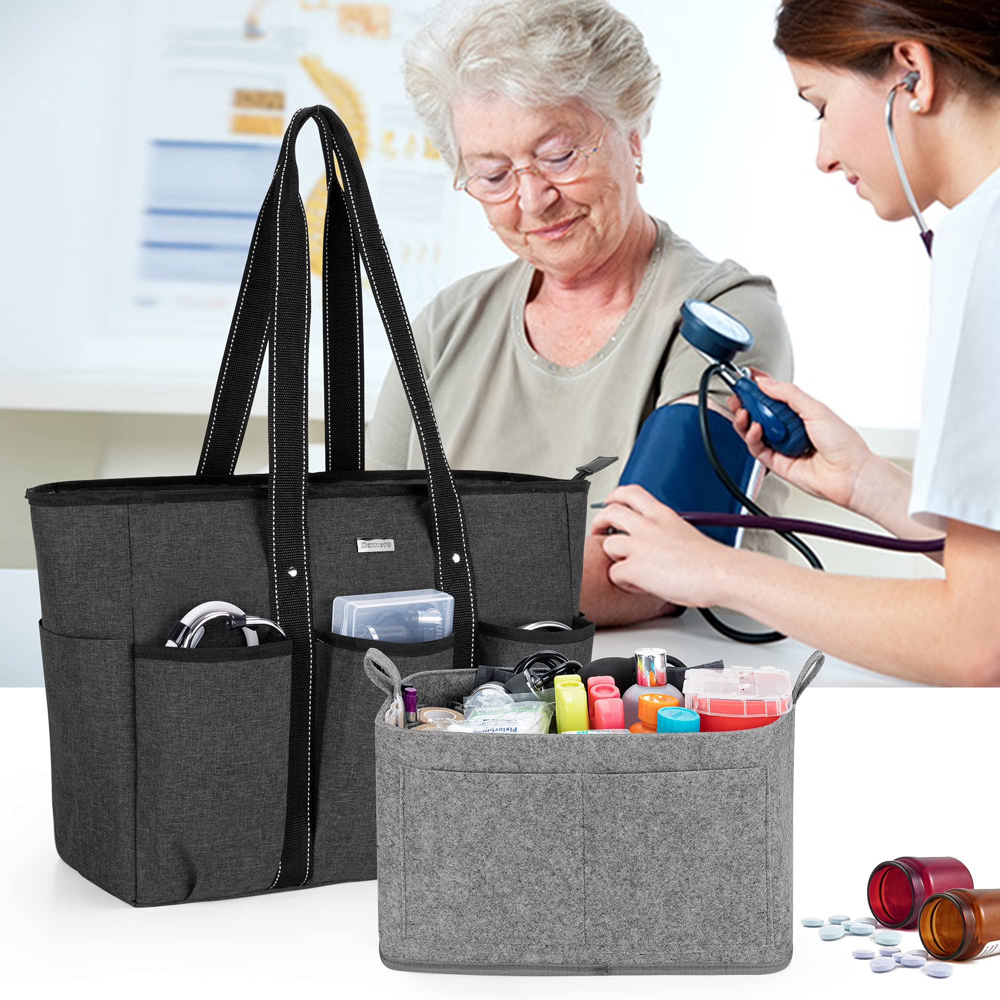 Damero Nurse Tote Bags with Organizer Insert Bag, Medical Supplies Bags with Laptop Sleeve for Home Care Nurse, Medical Students and More, Black