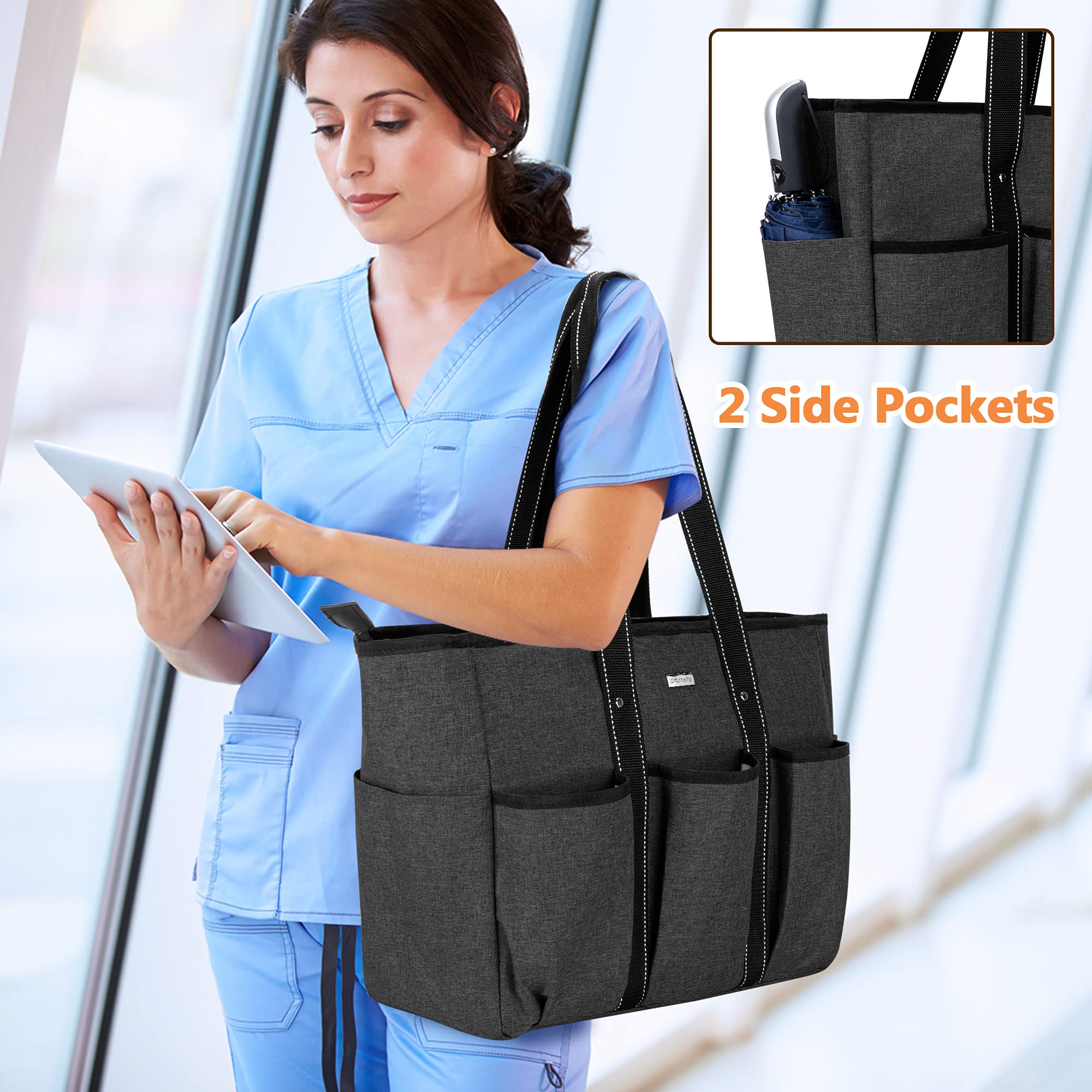 Damero Nurse Tote Bags with Organizer Insert Bag, Medical Supplies Bags with Laptop Sleeve for Home Care Nurse, Medical Students and More, Black