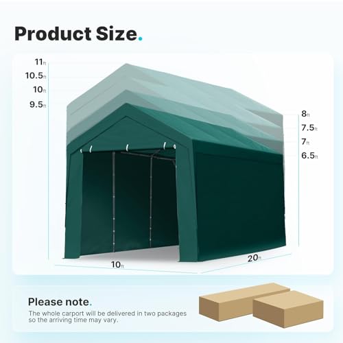 ADVANCE OUTDOOR 10x20 ft Heavy Duty Carport with Removable Sidewalls and Doors, Adjustable Height from 9.5 ft to 11 ft, Car Canopy Garage Boat Shelter with 8 Reinforced Poles and 4 Sandbags, Green