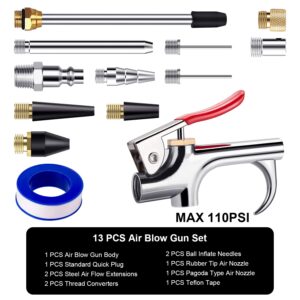 13 Pcs 2-Way Connection Air Nozzle Blow Gun Set, Air Nozzle Kit with 1/4 in Standard Quick Fitting and 8 Air Nozzles, Air Compressor Accessories for Air Inflation and Dedusting