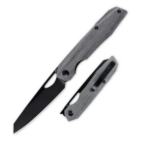 kizer genie edc knife, black n690 steel reverse tanto blade, black micarta folding knife, v4545e1