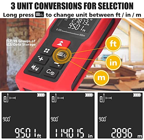 Laser Distance Meter,Laser Measure Tool 196ft/60m Area Volume Pythagorean Laser Rangefinder,High Precision Portable Range Finder with Digital Level for Measuring Distance,M/in/Ft,100 Data Set Storage