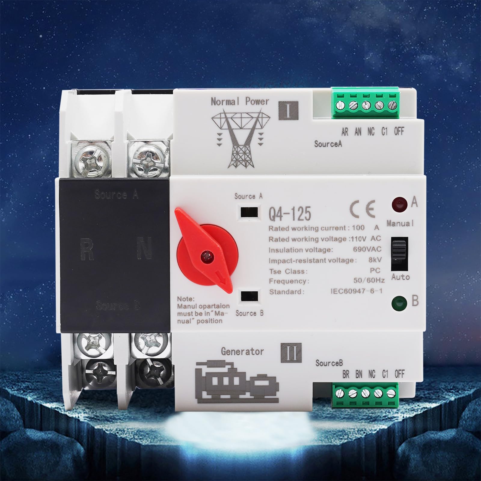 Mini 2P 100A 110V Dual Power Automatic Transfer Switch Generator Changeover Switch Tools Dual Power Switch Din Rail Type ATS 63A