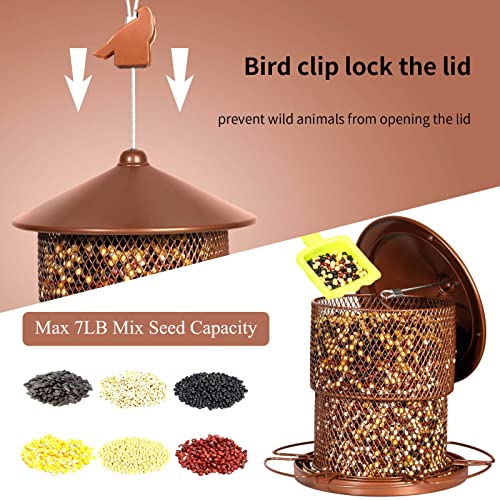 Mosloly Wild Bird Feeders Metal Outside - 7lbs Large Retractable Mesh Hanging Feeders Squirrel Proof, Blue Bird/Cardinal Wildlife Feeder, Attracts Birds(Brown)