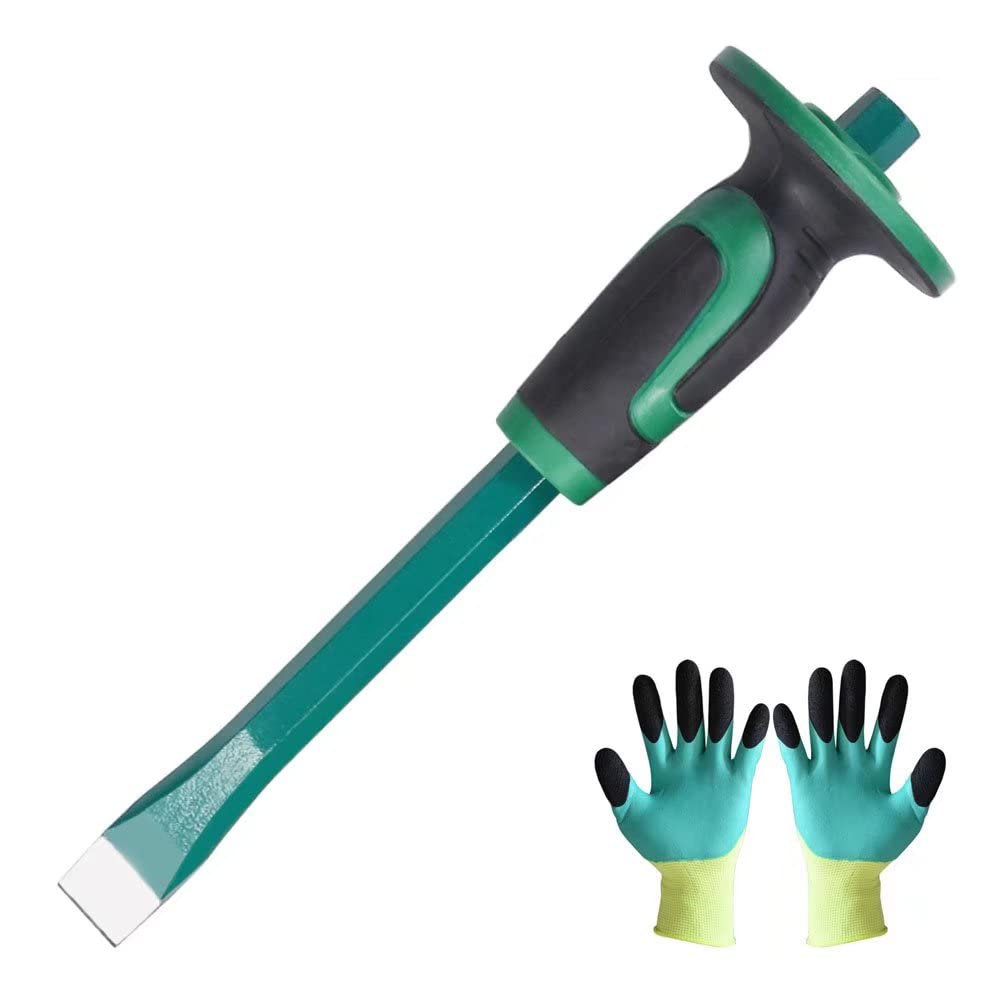 Heavy Duty Mason Chisel with Hand Guard, Flat End Chisels,Demolishing/Masonry/Carving/Concrete Breaker Chisels with Bi-Material Hand Guard+ A pair of gloves Green-2