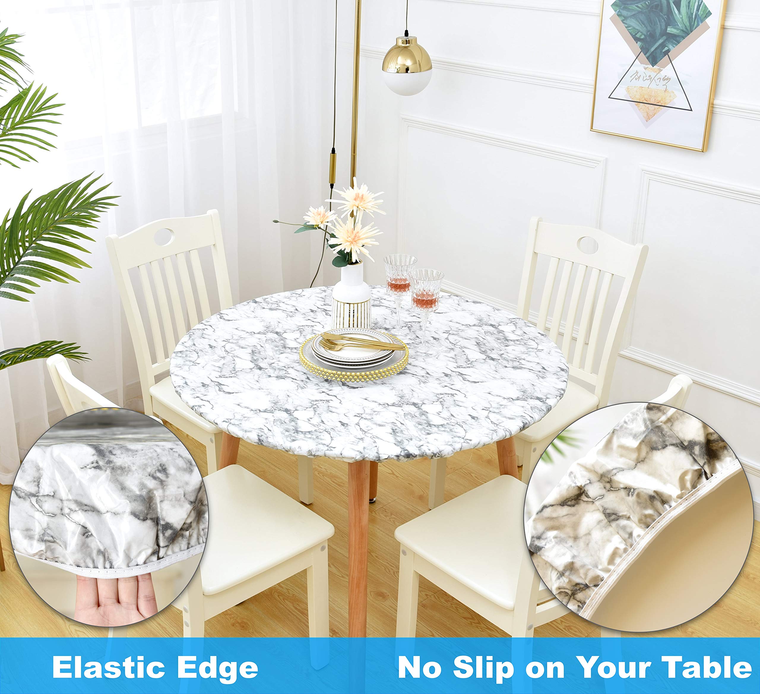 Rally Home Goods Indoor Outdoor Patio Round Fitted Vinyl Tablecloth, Flannel Backing, Elastic Edge, Waterproof Wipeable Plastic Cover, White Marble Pattern for 10-Seat Table of 57-72’’ Diameter