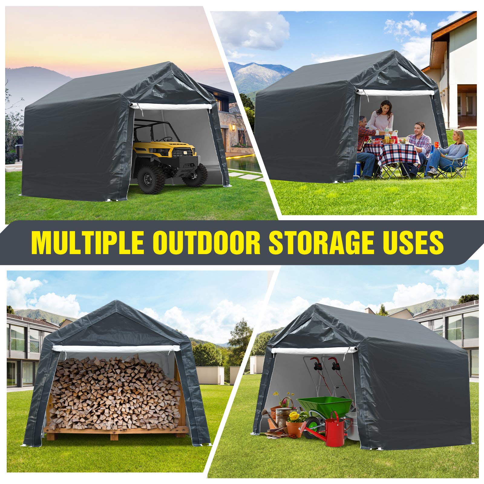 7x12x7.4 Ft Portable Storage Shelter Shed, Outdoor Garage Tent Kit, with Detachable Roll-up Zipper Door, Waterproof, Anti-UV, for Motorcycle, Gardening, Vehicle Storage (Grey)