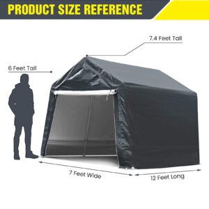 7x12x7.4 Ft Portable Storage Shelter Shed, Outdoor Garage Tent Kit, with Detachable Roll-up Zipper Door, Waterproof, Anti-UV, for Motorcycle, Gardening, Vehicle Storage (Grey)