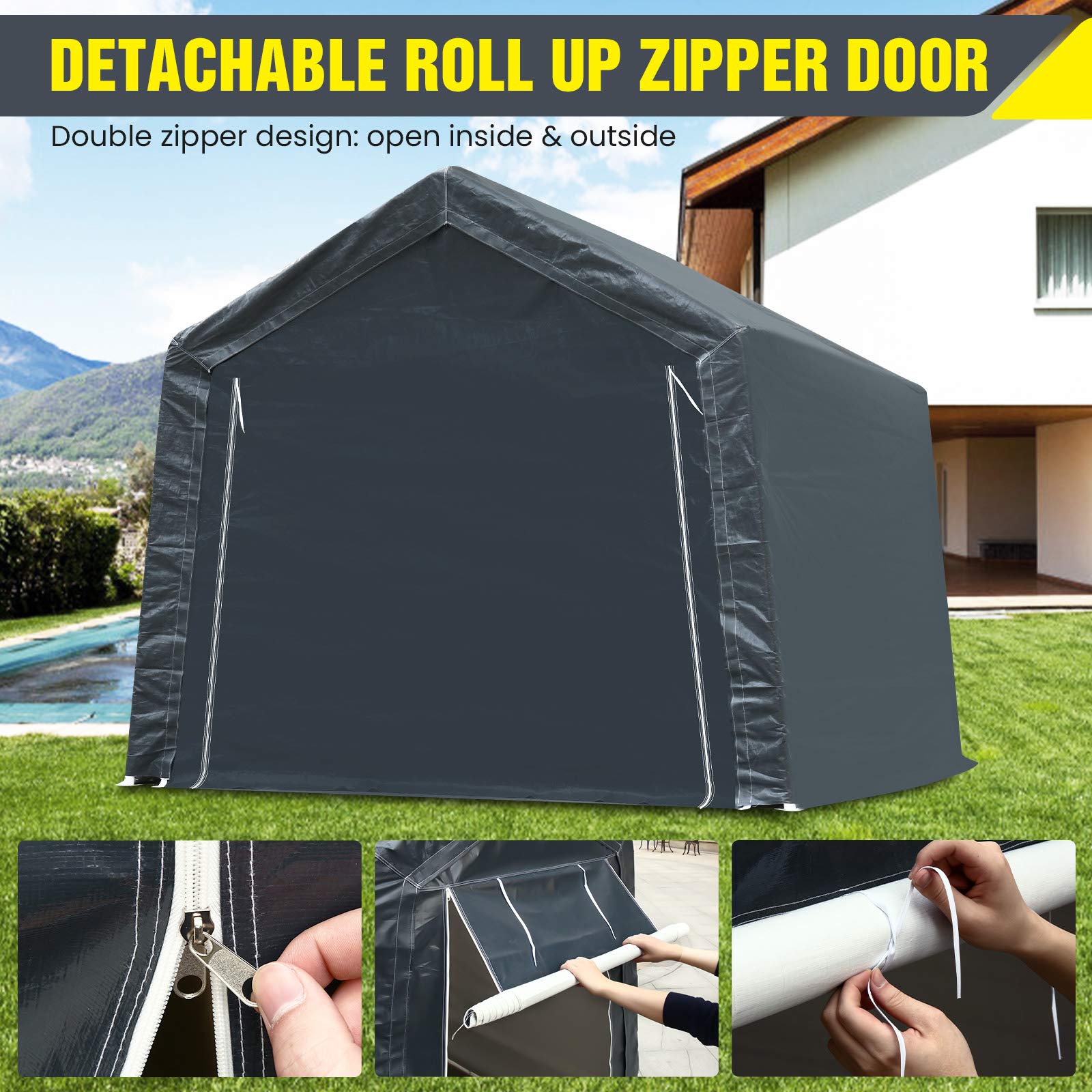 7x12x7.4 Ft Portable Storage Shelter Shed, Outdoor Garage Tent Kit, with Detachable Roll-up Zipper Door, Waterproof, Anti-UV, for Motorcycle, Gardening, Vehicle Storage (Grey)