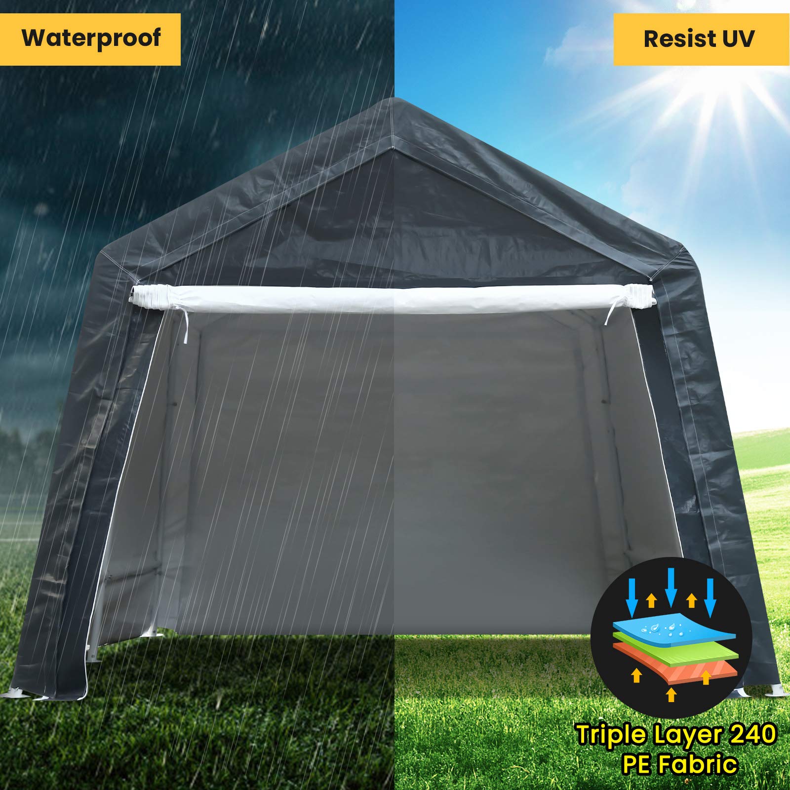 7x12x7.4 Ft Portable Storage Shelter Shed, Outdoor Garage Tent Kit, with Detachable Roll-up Zipper Door, Waterproof, Anti-UV, for Motorcycle, Gardening, Vehicle Storage (Grey)