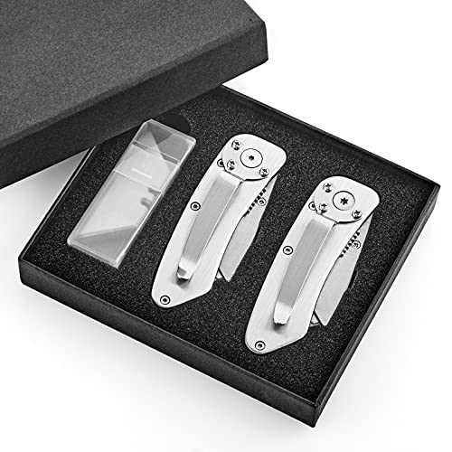 Utility Knife Box Cutter Knife 2 Pack Stainless Steel Folding Knife with Extra 10 Piece High-Strength Razor Blades