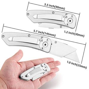 Utility Knife Box Cutter Knife 2 Pack Stainless Steel Folding Knife with Extra 10 Piece High-Strength Razor Blades