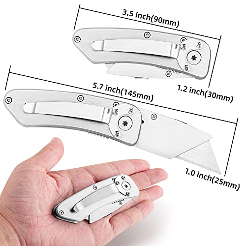 Utility Knife Box Cutter Knife 2 Pack Stainless Steel Folding Knife with Extra 10 Piece High-Strength Razor Blades