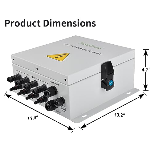 PowGrow PV Combiner Box, 4 String Metal Solar Combiner Box with 15A Rated Current Fuse, Surge Protective Device and 50A Air Circuit Breaker for On/Off Grid Solar Panel System, Pre-Wired Cable