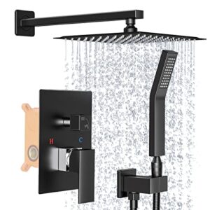 brightify shower faucet set, 10" black rain shower head ceiling mount with handheld spray, high pressure bathroom mixer shower set wall mounted shower system rough-in valve and trim kit