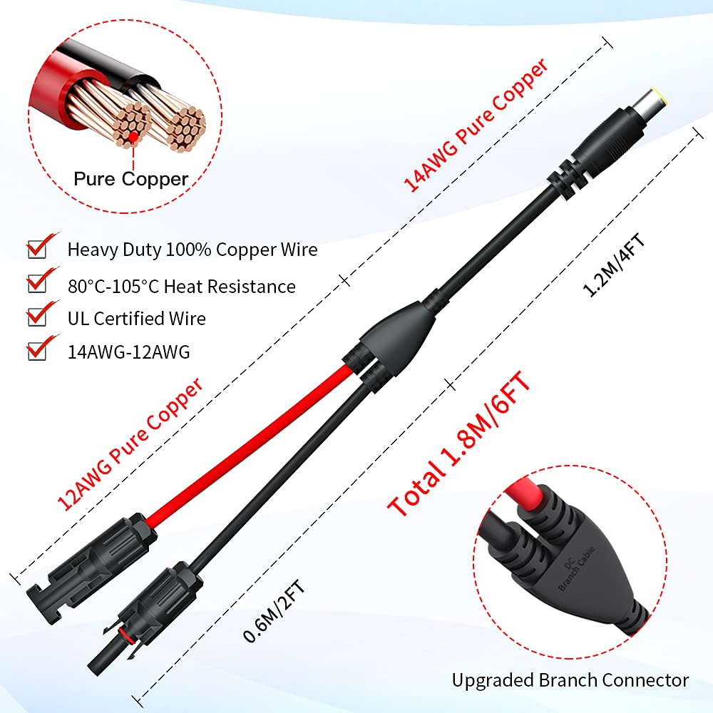 ELECTOP Solar Panel Connector to DC 8mm Adapter Cable, 6FT DC Power Plug with 5.5x2.5mm Converter, Solar Connectors Extension Cable 14AWG for GZ Yeti Jackery Solar Generator Portable Power Station