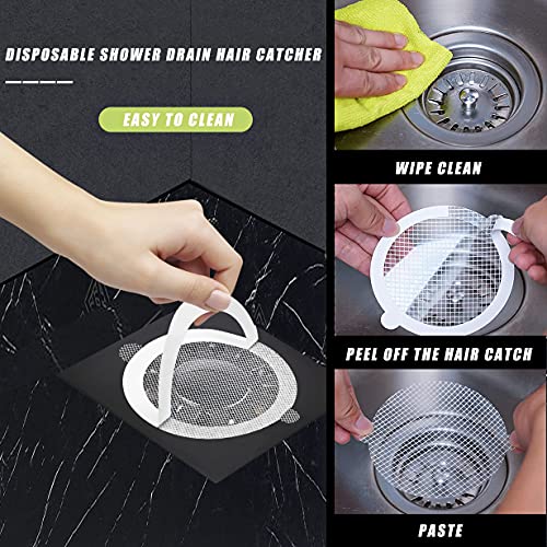 30PCS Disposable Shower Drain Hair Catcher Mesh Stickers with Storage Box, Shower Hair Drain Catcher for Showers Bathtubs Mesh Stickers, Sink Drain Strainer Mesh Stickers, Shower drain cover Stickers