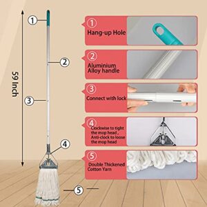 OFO Loop-End String Mop, Heavy Duty Commercial Industrial Mop with Extra Mop Head Replacement. Metal Head Mop with 59inch Alluminum Alloy Pole