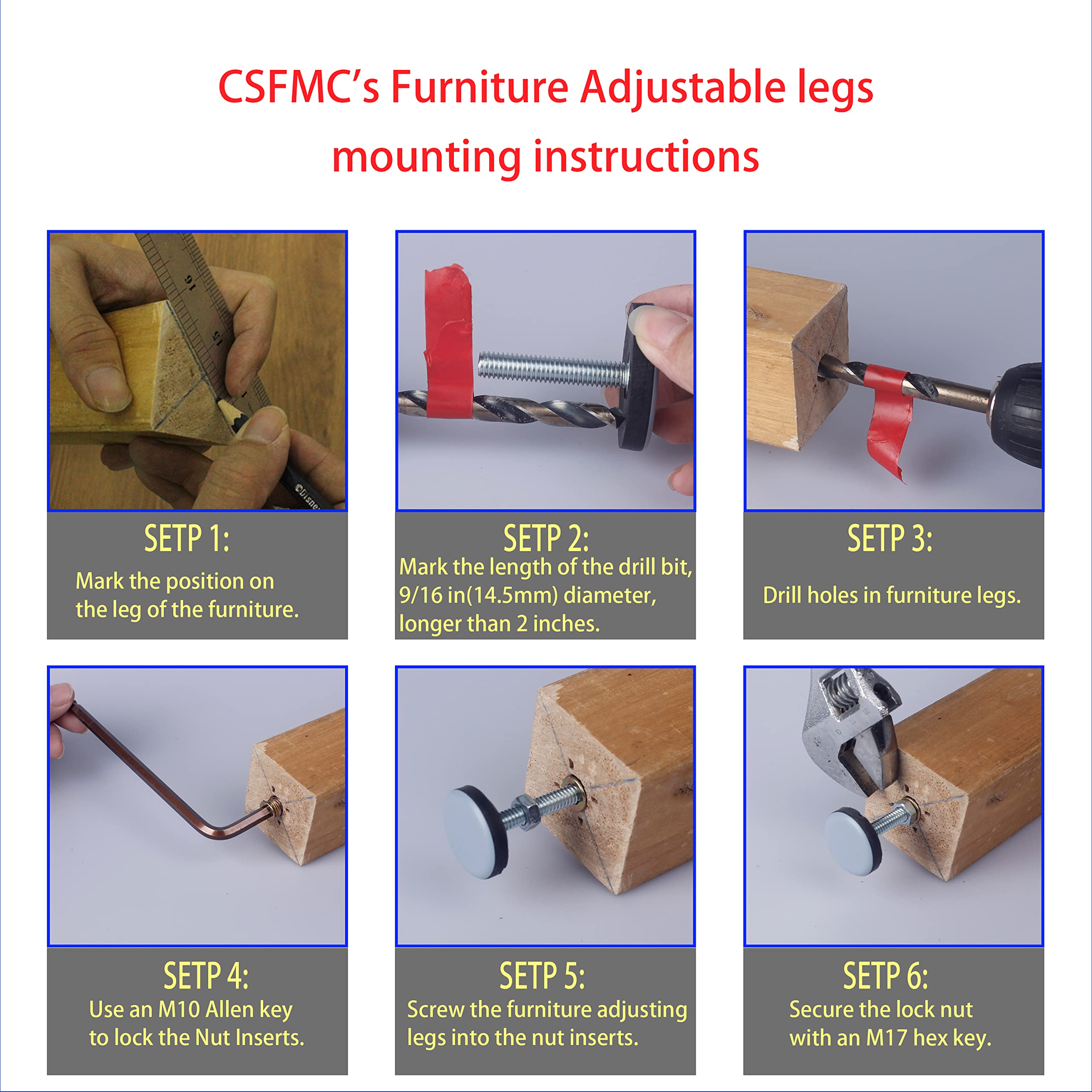 CSFMC Furniture Leveler PTFE(Teflon) Bottom(50mm Large Base 3/8-16,8 Pack),Thread Shank Adjust Pads,Table/Chair/Cabinet/Sofa Medium Adjustable Legs Leveling,Nuts Installation and Floor Protection