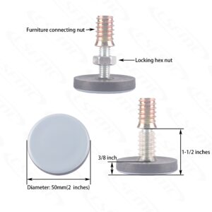 CSFMC Furniture Leveler PTFE(Teflon) Bottom(50mm Large Base 3/8-16,8 Pack),Thread Shank Adjust Pads,Table/Chair/Cabinet/Sofa Medium Adjustable Legs Leveling,Nuts Installation and Floor Protection