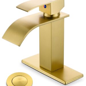 YardMonet Gold Bathroom Faucets, Modern Single Hole Bathroom Faucet Waterfall Spout Bathroom Faucet Brushed Gold Bathroom Sink Faucet with Drain Assembly and Lead-Free Hose