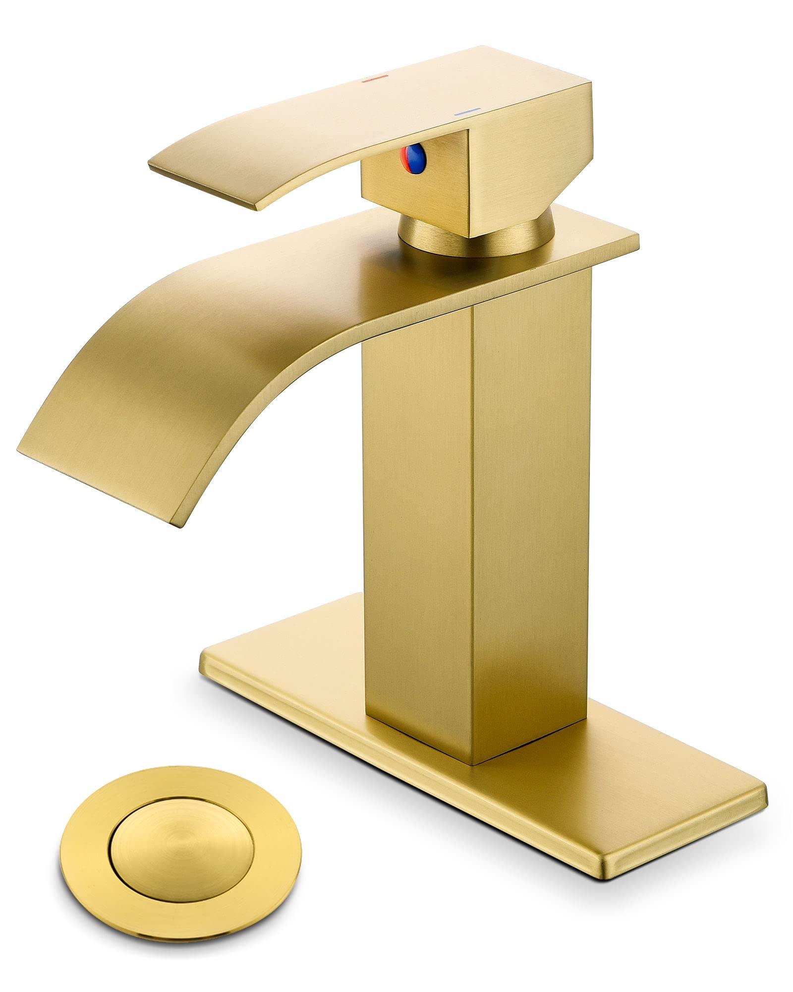 YardMonet Gold Bathroom Faucets, Modern Single Hole Bathroom Faucet Waterfall Spout Bathroom Faucet Brushed Gold Bathroom Sink Faucet with Drain Assembly and Lead-Free Hose