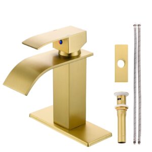 YardMonet Gold Bathroom Faucets, Modern Single Hole Bathroom Faucet Waterfall Spout Bathroom Faucet Brushed Gold Bathroom Sink Faucet with Drain Assembly and Lead-Free Hose