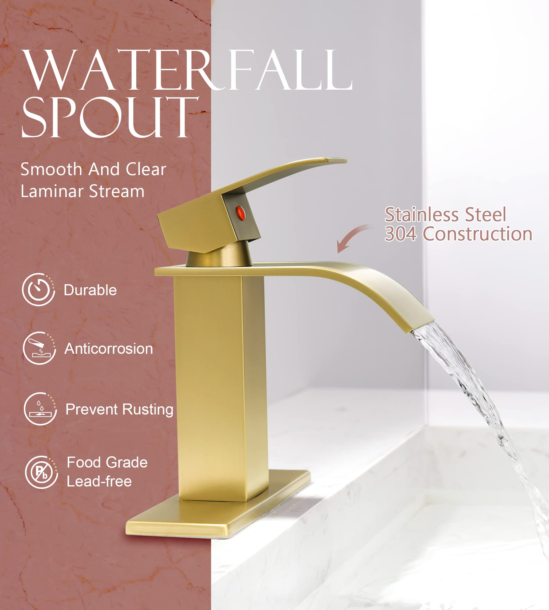 YardMonet Gold Bathroom Faucets, Modern Single Hole Bathroom Faucet Waterfall Spout Bathroom Faucet Brushed Gold Bathroom Sink Faucet with Drain Assembly and Lead-Free Hose