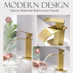 YardMonet Gold Bathroom Faucets, Modern Single Hole Bathroom Faucet Waterfall Spout Bathroom Faucet Brushed Gold Bathroom Sink Faucet with Drain Assembly and Lead-Free Hose