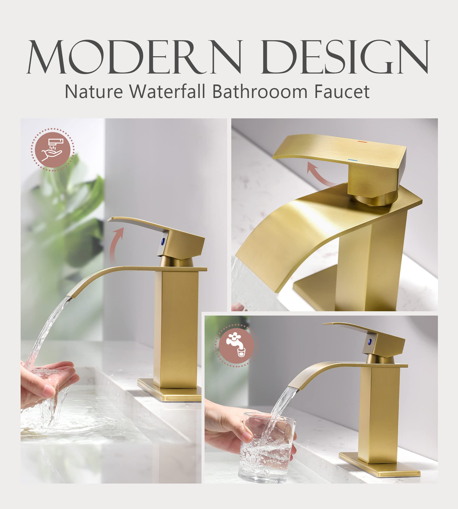 YardMonet Gold Bathroom Faucets, Modern Single Hole Bathroom Faucet Waterfall Spout Bathroom Faucet Brushed Gold Bathroom Sink Faucet with Drain Assembly and Lead-Free Hose