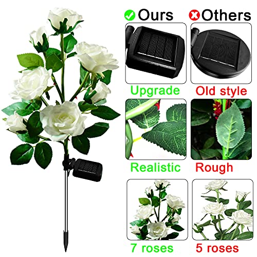 NQN Upgraded 4 Pack White Outdoor Solar Powered 7 Rose Flowers Garden Stake Light, LED Solar Powered Light Decorative Flower Lamp, Waterproof Solar Decorative Light for Garden Yard Patio Pathway Light