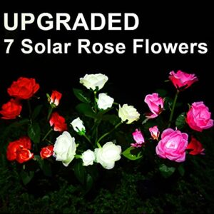 NQN Upgraded 4 Pack White Outdoor Solar Powered 7 Rose Flowers Garden Stake Light, LED Solar Powered Light Decorative Flower Lamp, Waterproof Solar Decorative Light for Garden Yard Patio Pathway Light